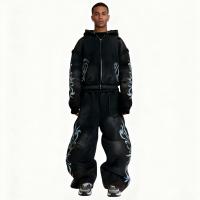 China Custom Streetwear French Terry Sweatsuit Oversized Cropped Acid Wash Streetwear Tracksuit Flared Sweatpants and Hoodie Sets for sale