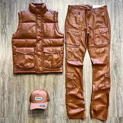 China Streetwear Custom Factory Men'S Leather Outfit Embroidered Zip up Leather Shirt and Pu Stacked Flare Pants Sets Track Suit Men for sale