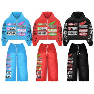 China Heavyweight Plus Size Men'S Tracksuit Custom Logo Print Acid Wash Zip up Hoodie and Flare Sweatpants Set for Men for sale