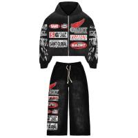 China Heavyweight Plus Size Men'S Tracksuit Custom Logo Print Acid Wash Zip up Hoodie and Flare Sweatpants Set for Men for sale