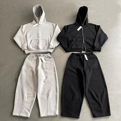 China Wholesale High Quality Blank Casual Zip up Sweatsuit Custom Boxy Terry Neoprene Tracksuit Flared Sweatpants and Hoodie Sets for sale