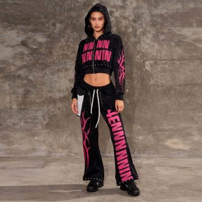 China Custom Acid Wash Rhinestone Sweatsuit Jogger Distressed Embroidery Oversized Cropped Flare Sweatpants and Hoodie Tracksuit Set for sale