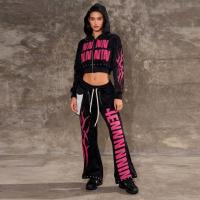 China Custom Acid Wash Rhinestone Sweatsuit Jogger Distressed Embroidery Oversized Cropped Flare Sweatpants and Hoodie Tracksuit Set for sale
