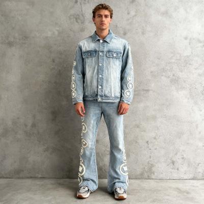 China Manufacturer Custom Acid Wash Rhinestone Denim Tracksuit Unisex Streetwear Embroidery Jeans Pants and Jacket Set  for Men for sale