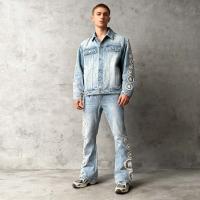 China Manufacturer Custom Acid Wash Rhinestone Denim Tracksuit Unisex Streetwear Embroidery Jeans Pants and Jacket Set  for Men for sale