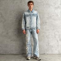 China Manufacturer Custom Acid Wash Rhinestone Denim Tracksuit Unisex Streetwear Embroidery Jeans Pants and Jacket Set  for Men for sale
