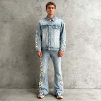 China Manufacturer Custom Acid Wash Rhinestone Denim Tracksuit Unisex Streetwear Embroidery Jeans Pants and Jacket Set  for Men for sale