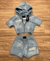 China Custom Acid Wash Cotton Zip up Streetwear Jogging Hoodie Sweatsuit 2 Piece Women'S Clothing T-Shirt and Shorts Set Manufacturer for sale