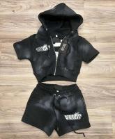 China Custom Acid Wash Cotton Zip up Streetwear Jogging Hoodie Sweatsuit 2 Piece Women'S Clothing T-Shirt and Shorts Set Manufacturer for sale