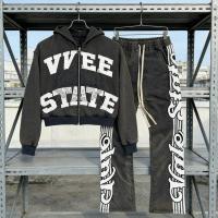 China Custom Patchwork Flared Sweatsuit Men Streetwear Distressed Cotton Joggers Applique Embroidery Sweatpants and Cropped Hoodie Set for sale