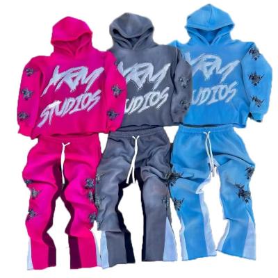 China Custom Cotton Acid Wash Dropped Shoulder Jogger Men'S Suit Heavyweight Puff Printing Men Pullover Hoodie and Sweat Pants Sets for sale