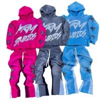 China Custom Cotton Acid Wash Dropped Shoulder Jogger Men'S Suit Heavyweight Puff Printing Men Pullover Hoodie and Sweat Pants Sets for sale