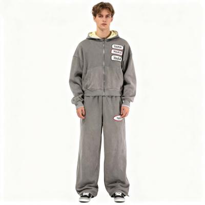 China Streetwear Custom Oversized Men's SweatSuit Heavyweight Boxy Baggy Flared Sweatpants and Triple Layer Hoodie Sets Men Tracksuit for sale