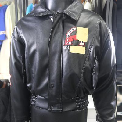 China Custom Men's Short Leather Jacket Elastic Waistband Bomber Jacket Embroidered Pattern Towel Embroidered Motor Jacket Casual for sale