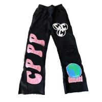 China Custom High Quality Puff Print Jogger Acid Wash Flare Sweat Pants Plus Size Elastic Waistband Mens Stacked Flare Sweatpants Men for sale