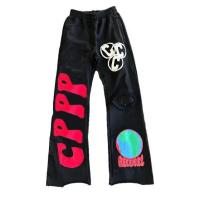 China Custom High Quality Puff Print Jogger Acid Wash Flare Sweat Pants Plus Size Elastic Waistband Mens Stacked Flare Sweatpants Men for sale
