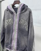 China Wholesale Custom Distressed Rhinestone Triple Layer Hoodie Men Streetwear Oversized Cropped Zip up Acid Wash Heavyweight Hoodie for sale