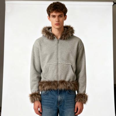 China Custom Zip up Detachable Faux Fur Hoody Jacket Unisex StreetWear 450gsm Heavy Cotton Blank Heavyweight Sweatshirt Hoodie Men for sale
