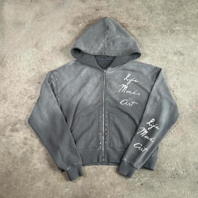 China Custom Manufacturers Heavyweight Distressed Zip up Hoodie Men Streetwear Printed Rhinestone 450 500 Gsm Vintage Acid Wash Hoodie for sale