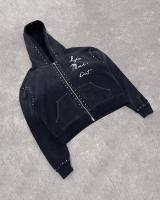 China Custom Manufacturers Heavyweight Distressed Zip up Hoodie Men Streetwear Printed Rhinestone 450 500 Gsm Vintage Acid Wash Hoodie for sale