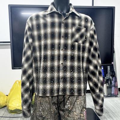 China Custom Streetwear Rhinestone Plaid Designer Flannel Shirts Button up Sport Boxy Graphic Plain Polo Shirt for Men for sale