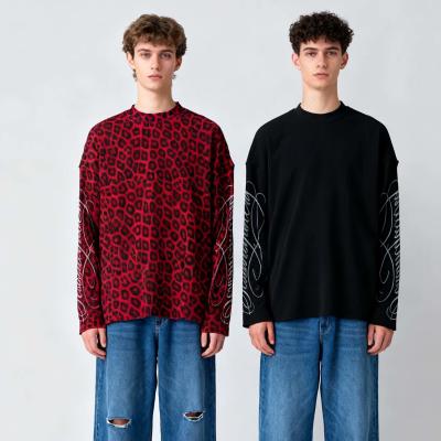 China Custom Classic Waffle Weave Crewneck Graphic Tee Top Screen Printed Heavy Cotton Boxy Leopard T Shirt Long Sleeve for Men for sale