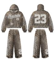 China Wholesale Custom Leopard Streetwear Tracksuit Rhinestone Embroidery Jogger Sweatsuit Flared Sweatpants and Hoodie Sets for Men for sale