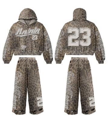 China Wholesale Custom Leopard Streetwear Tracksuit Rhinestone Embroidery Jogger Sweatsuit Flared Sweatpants and Hoodie Sets for Men for sale