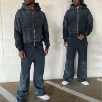 China Men'S Hoodies Streetwear Heavyweight Tracksuit Custom Flared Sweatpants and Hoodie Sets Zip up Rhinestones Acid Wash Sweatsuit for sale