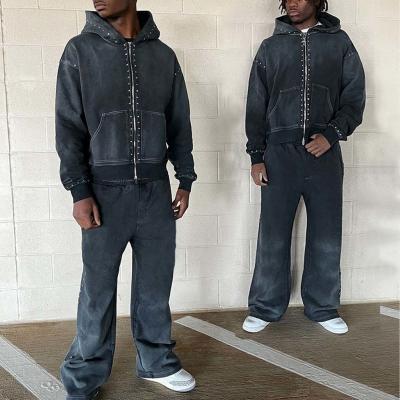China Men'S Hoodies Streetwear Heavyweight Tracksuit Custom Flared Sweatpants and Hoodie Sets Zip up Rhinestones Acid Wash Sweatsuit for sale