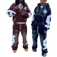 China 2025 Custom Reverse Embroidery Half Zipper Streetwear Tracksuit Pullover Acid Wash Distressed Flared Sweatpants and Hoodie Set for sale