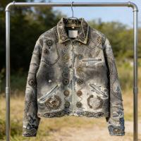 China Custom Men Winter Jacket Designer Premium Fashion Jean Streetwear Heavyweight Rhinestone Crystal Cargo Vintage Distressed Denim for sale