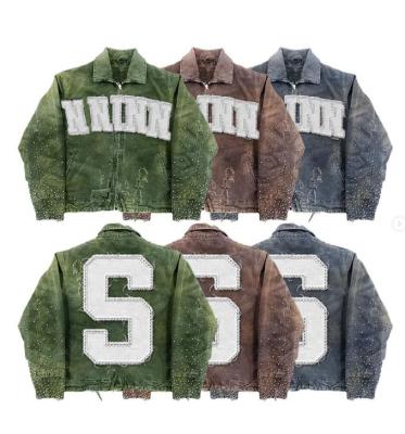 China Clothing Manufacturer Custom Cropped Rhinestone Embroidery Denim Jeans Men's Jackets Varsity Joggers Letterman Jacket for Men for sale