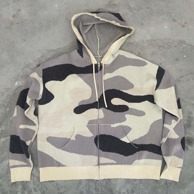 China Manufacturer Custom Winter Streetwear All Over Print Camouflage Zip up Men's Sweater Camo Hooded Knitted Jacket Sweater Men for sale