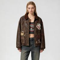China Clothing Manufacturer Heavyweight Leather Pu Women's Jacket Custom Embroidery Vintage Hip Hop Fleece Work High Quality Jacket for sale