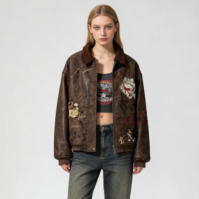 China Clothing Manufacturer Heavyweight Leather Pu Women's Jacket Custom Embroidery Vintage Hip Hop Fleece Work High Quality Jacket for sale