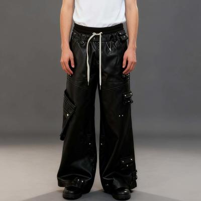 China Wholesale Custom Streetwear High Quality Trouser Wide Oversized Waist Baggy Sweatpants Faux Pu Leather Sweat Cargo Pants for Men for sale