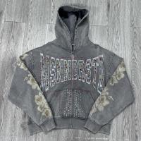 China Wholesale Custom Rhinestone Digital Printing Logo Vintage Heavyweight Hoodie Men 100%Cotton Streetwear Distressed Zip up Hoodie for sale