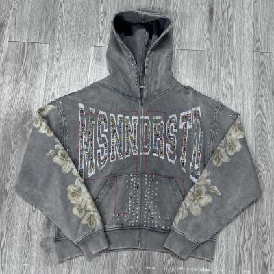 China Wholesale Custom Rhinestone Digital Printing Logo Vintage Heavyweight Hoodie Men 100%Cotton Streetwear Distressed Zip up Hoodie for sale