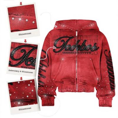 China 2025 Hot Sale Custom Distressed Zip up Heavyweight Rhinestone Acid Wash Hoodie Men Streetwear Oversized Cropped Graphic Hoodie for sale