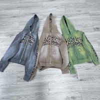 China Custom High Quality Leopard Print Rhinestone Hoody Jacket Heavyweight Plain Acid Wash Oversized Zip up Cropped Men's Hoodie for sale