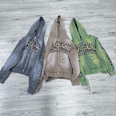 China Custom High Quality Leopard Print Rhinestone Hoody Jacket Heavyweight Plain Acid Wash Oversized Zip up Cropped Men's Hoodie for sale