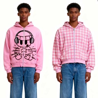 China Custom pink Double Layers Heavyweight Baggy Fit Distressed Zip up Plaid Reversible Jacket Manufacturer Cotton Anime Men's Hoodie for sale