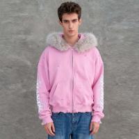 China Wholesale Custom Cropped Printed Logo Collar Fur Sudaderas Hombre Streetwear Pink Oversize Zip up Baggy Hoodie for sale