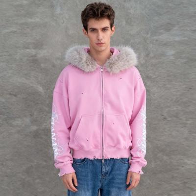 China Wholesale Custom Cropped Printed Logo Collar Fur Sudaderas Hombre Streetwear Pink Oversize Zip up Baggy Hoodie for sale