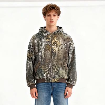 China Manufacturer Custom Zip up Camo Hunting 480 Gsm Vintage Print Hooded Collar Sweatshirt Outdoor Clothing Fashion Hoodie for Men for sale