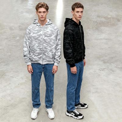 China Manufacturer Custom Heavyweight Camouflage Distressed Zip up Men's Hoodie Double Layer Reversible Camo Streetwear Hoodie for Men for sale