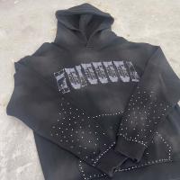China Heavyweight Acid Wash Distressed Print Rhinestone Hoodie for Men Custom Solid Streetwear Pullover Cotton Oversized Boxy Hoodie for sale