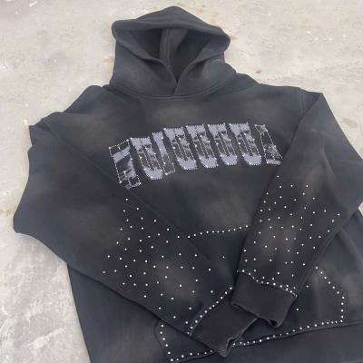 China Heavyweight Acid Wash Distressed Print Rhinestone Hoodie for Men Custom Solid Streetwear Pullover Cotton Oversized Boxy Hoodie for sale