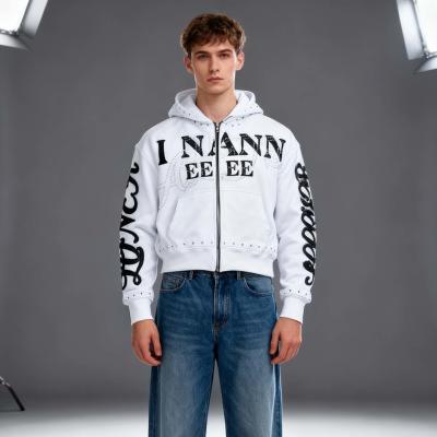 China Us Free Tax Factory Custom Heavyweight 450 Gsm Distressed Zip up Hoodie Men Streetwear Print Sudaderas Hombre Rhinestones Hoodie for sale